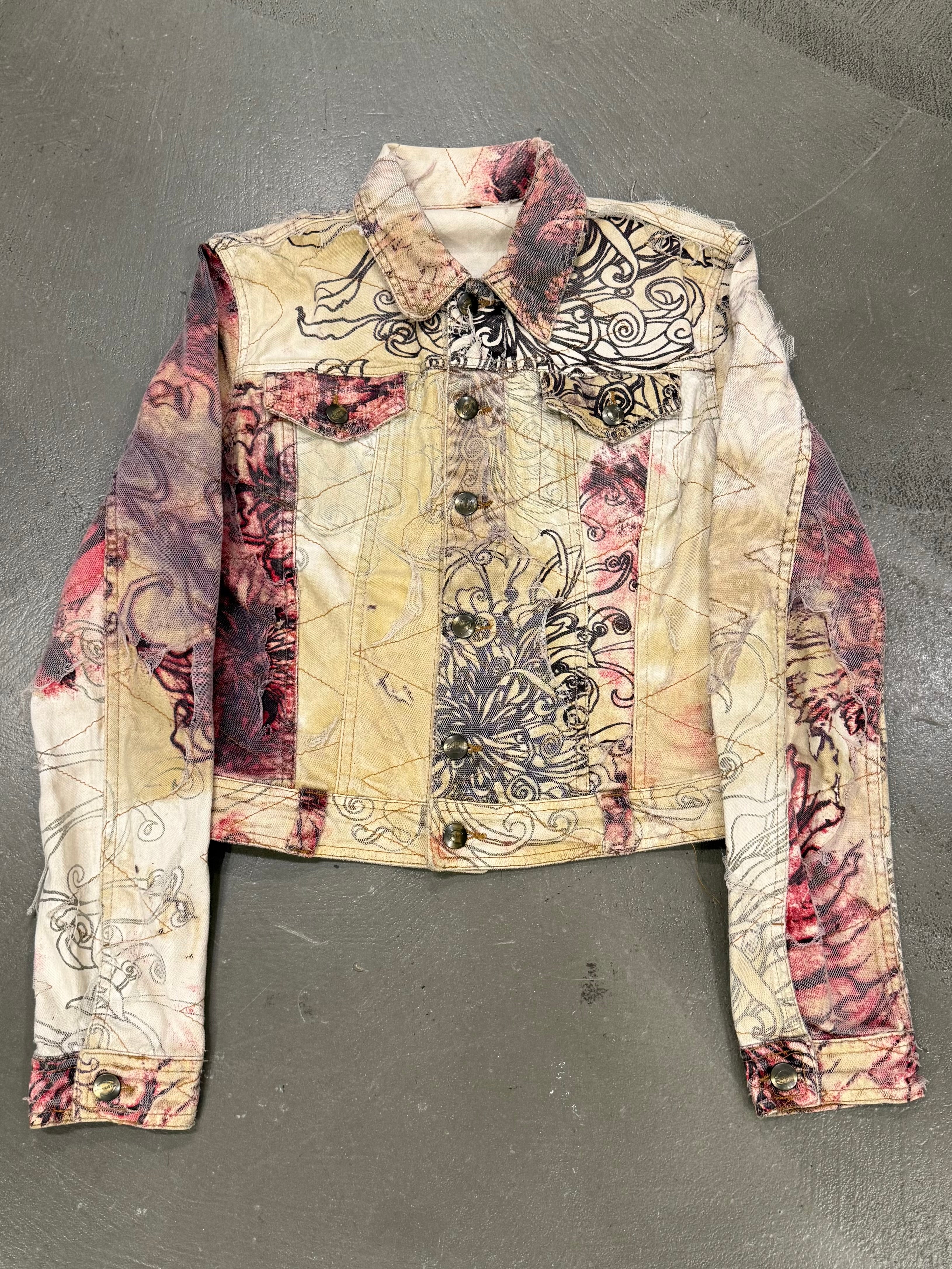 2001 Cavalli floral distressed double layer denim jacket