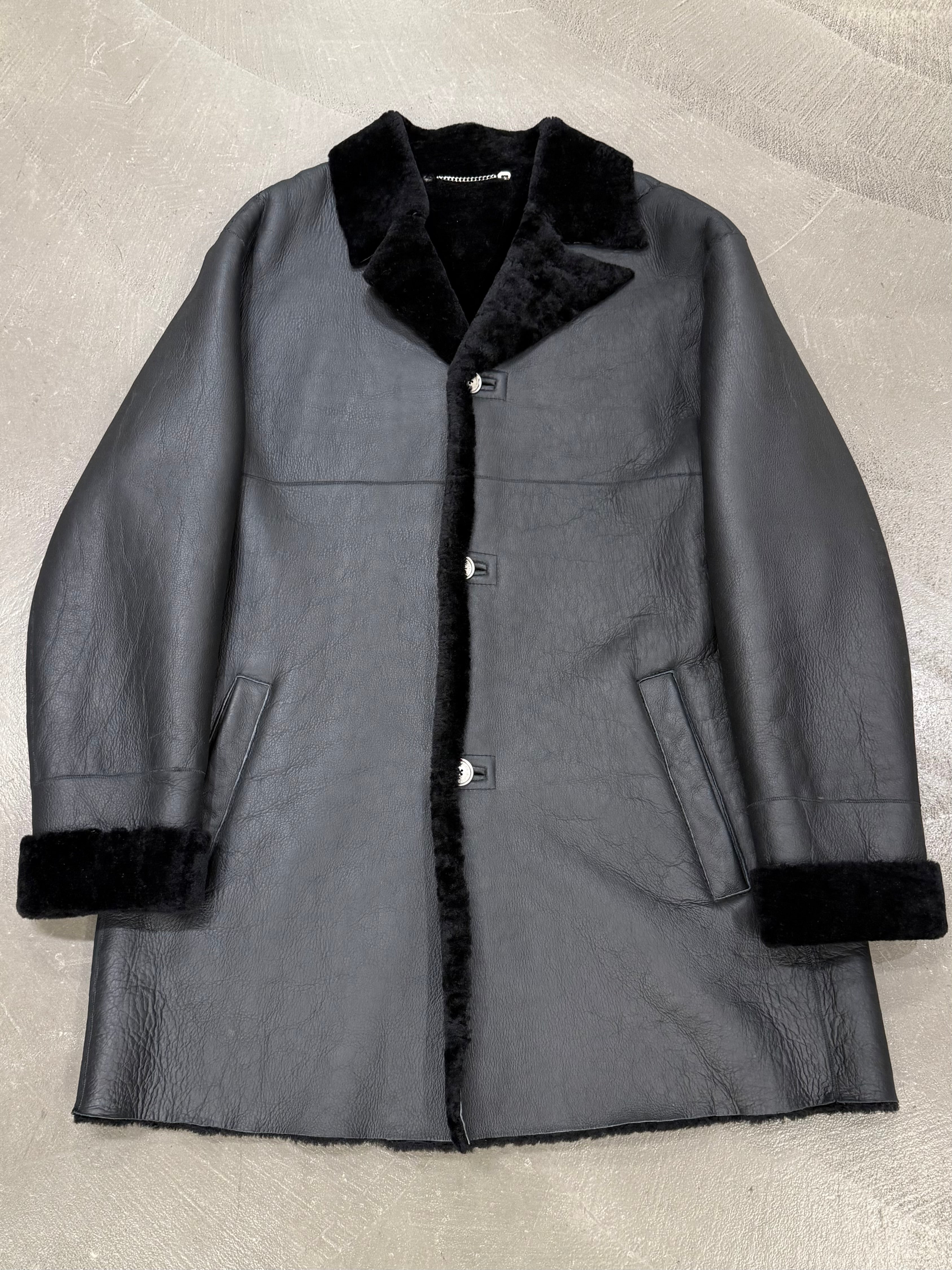 1980s Claude Montana black shearling leather coat